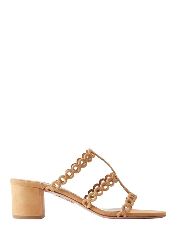 AQUAZZURA Perforated Suede Mules With Chain Link Detailing - Nude