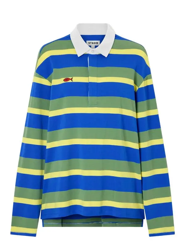 Staud Gavin Striped Embroidered Polo Shirt - Blue