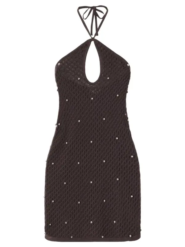 Staud Dark Brown Crochet Halterneck Mini Dress With Rhinestones - Black