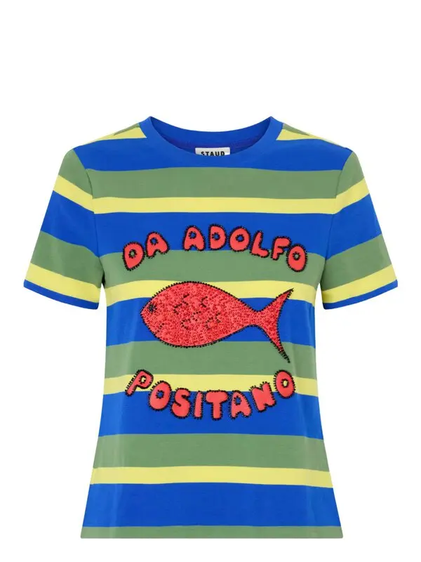 Staud Striped Print T-shirt With Embellished Fish Motif - Blue