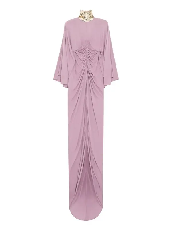 Valentino Garavani Long Sleeve Draped Dress With Embellished Neckline - Pink