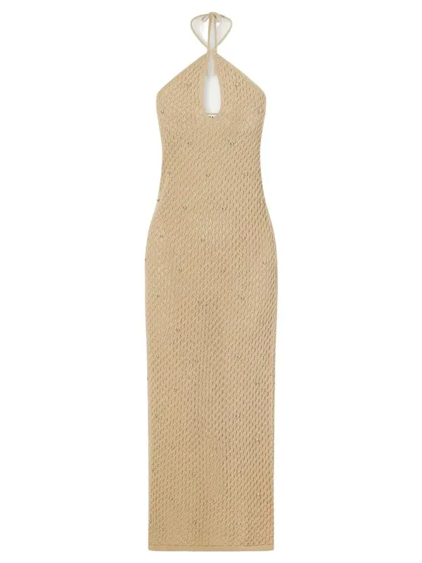 Staud Mesh Embellished Halterneck Midi Dress - Nude