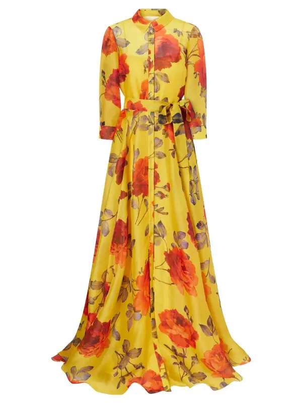 Carolina Herrera Floral Print Silk Organza Maxi Dress - Yellow