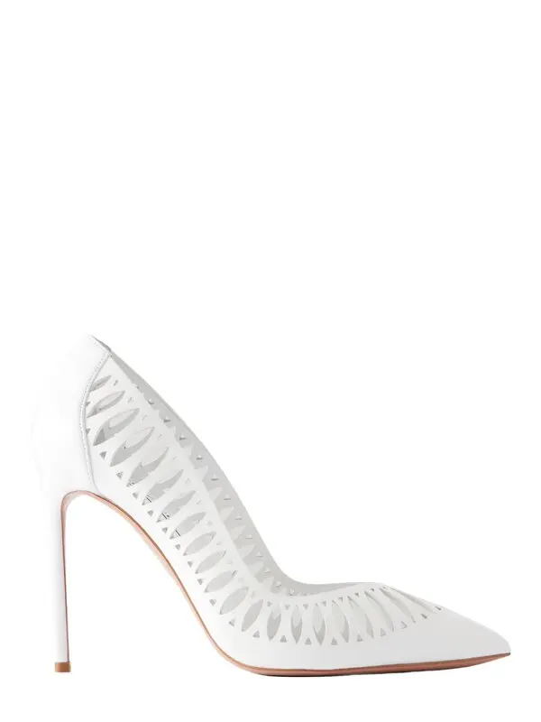 AQUAZZURA Laser Cut Leather Pointed Toe Stiletto Pumps - No