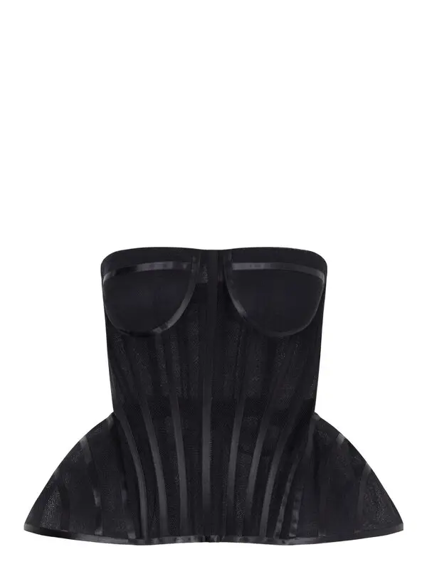 Carolina Herrera Strapless Tulle Bustier Top With Boning And Curved Hem - Black