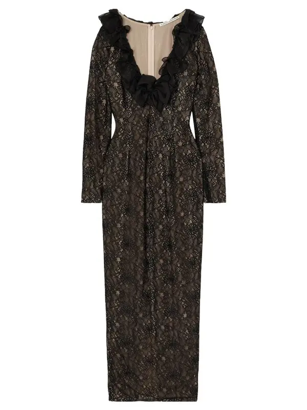 Alessandra Rich Lace Ruffle V-neck Midi Dress - Black