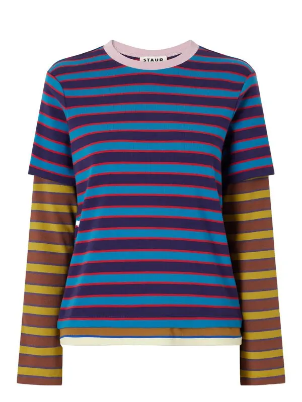 Staud Striped Cotton-jersey T-shirt - Blue