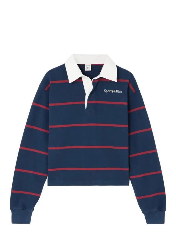 SPORTY  RICH Sporty & Rich Embroidered Striped Polo Shirt - Blue