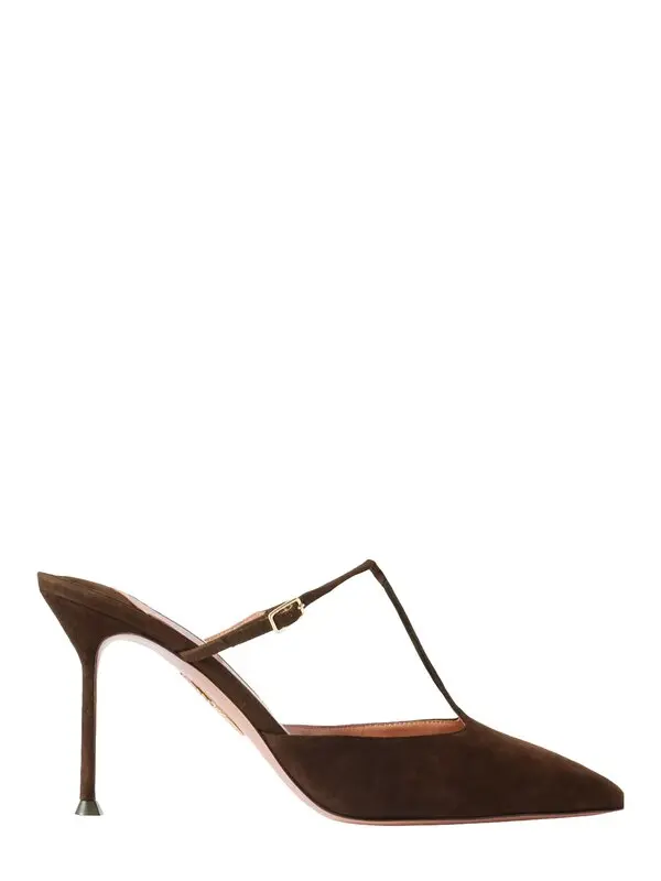 AQUAZZURA Suede Mule Heels With T-bar Straps - Black