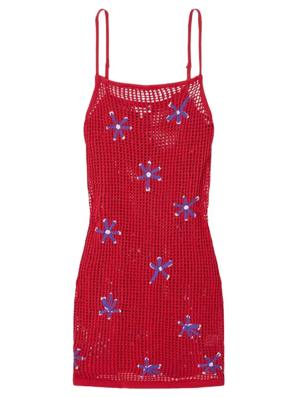 Staud Mesh Knit Mini Dress With Floral Embroidery - Red