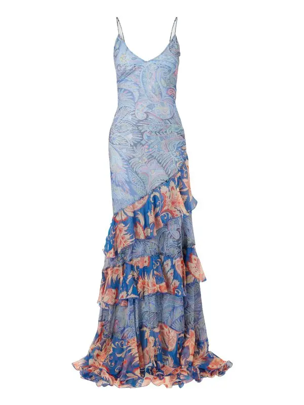Etro Ruffled Tiered Paisley And Floral-print Silk-chiffon Maxi Dress - Blue