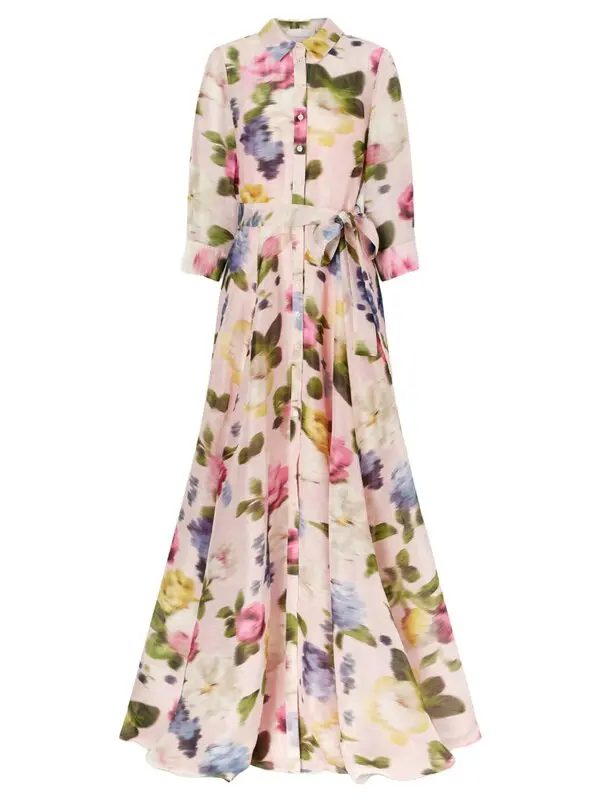 Carolina Herrera Floral Print Linen Silk Maxi Dress - Pink