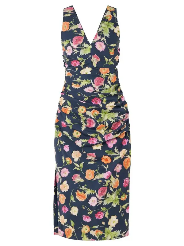 Carolina Herrera Pleated Floral Print Midi Dress - Blue