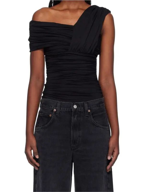 AGOLDE Etienne Bodysuit Asymmetric Ruched Off-the-shoulder Design - Black