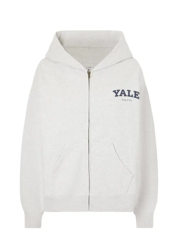 SPORTY  RICH Sporty & Rich Yale University Printed Zip-up Hooded Sweatshirt - Light Grey
