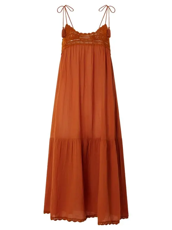 Ulla Johnson Strapless Tasseled Dress With Crocheted Trim - Orange