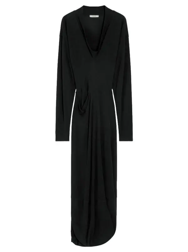 LEMAIRE V-neck Maxi Dress With Belted Waist And Draped Pocket - Black