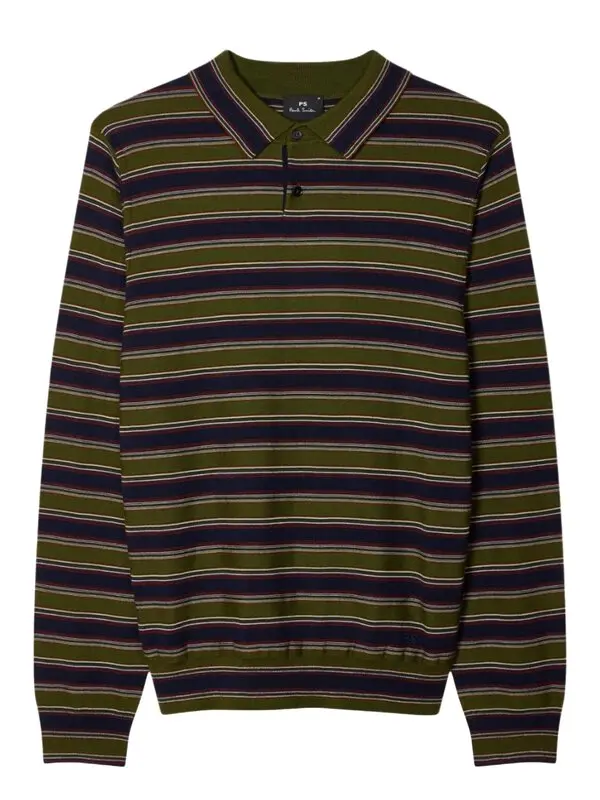 Paul Smith Merino Polo Shirt Green And Navy Stripe - Green/navy Blue