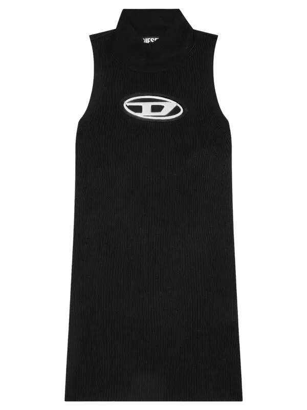 DIESEL® Ribbed Knit High Neck Mini Dress With Logo Plaque - Black
