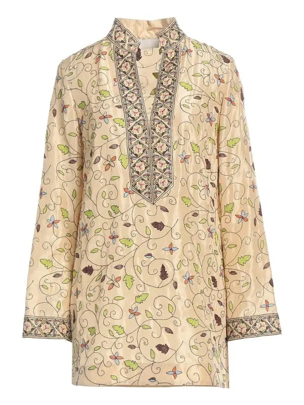Tory Burch Long Sleeve Embroidered Floral Silk Blouse - Nude
