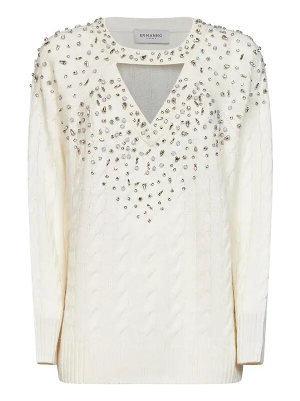 ERMANNO FIRENZE Embellished Cable-knit V-neck Sweater - Cream