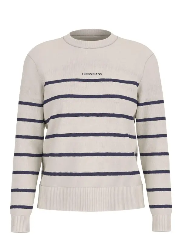Guess Crewneck Long Sleeve Knit Sweater With Horizontal Stripes - White