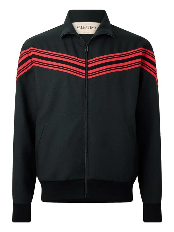 Valentino Garavani Stand Collar Zip-up Jacket With Red And Stripes - Black