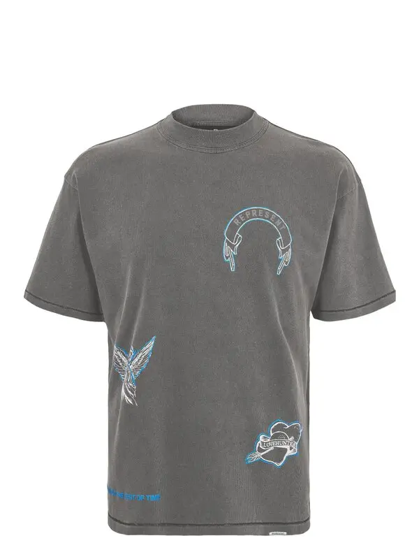 REPRESENT Mockneck Short Sleeve T-shirt With Vintage Graphic Prints - Gray