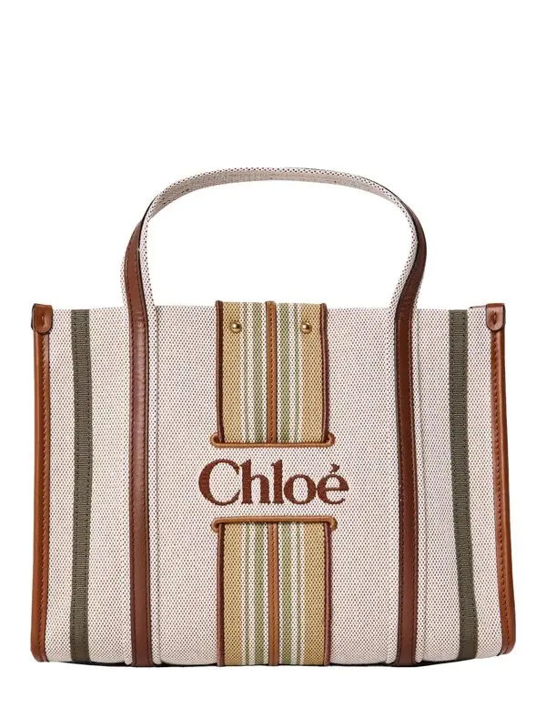 Chloé Canvas Tote Bag With Leather Trim And Embroidered Logo - Nude