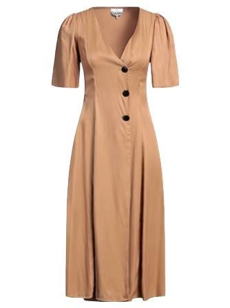 GANNI Midi Dress With V-neck And Short Sleeves - Nude