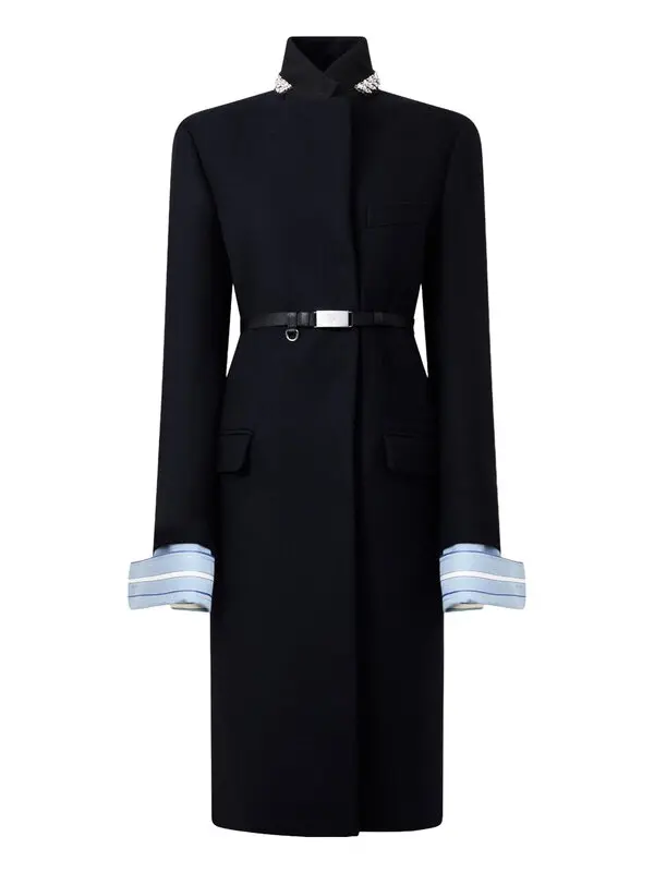 Prada Long Wool-blend Coat With Stand Collar And Striped Cuffs - Black