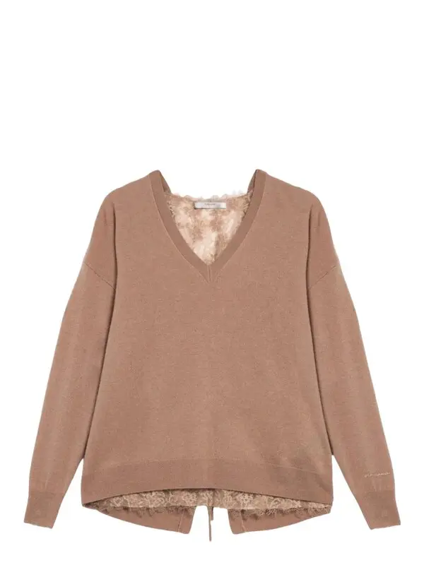 ERMANNO FIRENZE V-neck Wool-cashmere Blend Knit Top With Lace Detailing - Nude