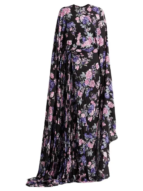Balenciaga Floral Print V-neck Gown With Cape Effect - Black