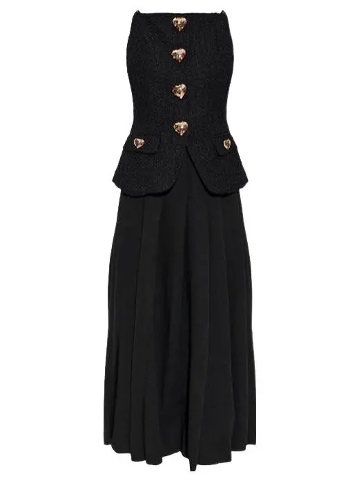 SELF-PORTRAIT Sleeveless Textured Bodice With Pleated Midi Skirt And Embellished Heart Buttons - Black