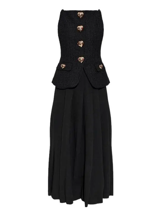 SELF-PORTRAIT Sleeveless Textured Bodice With Pleated Midi Skirt And Embellished Heart Buttons - Black