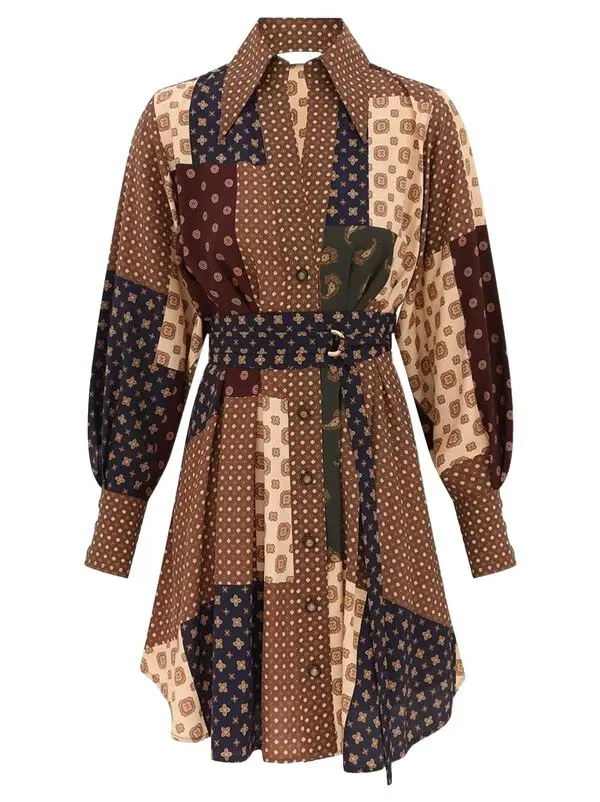 Zimmermann Patchwork Printed Long-sleeve Mini Dress - Brown