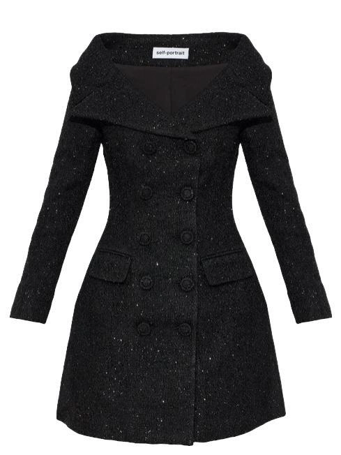 SELF-PORTRAIT Off-shoulder Double-breasted Tweed Mini Dress - Black