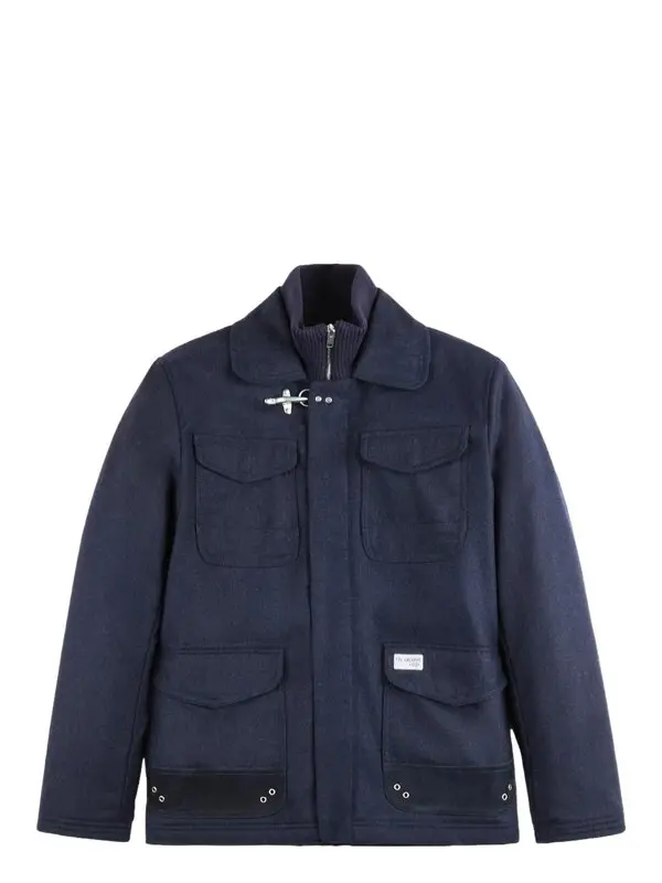 FAY Wool Twill Field Jacket With Concealed Snap Fastening And Leather Applications - Blue