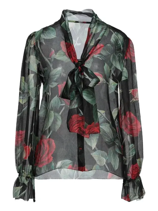 Dolce & Gabbana Floral Print Bow Detail Shirt - Black