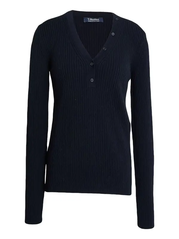 Max Mara Ribbed Henley Knit Top - Blue
