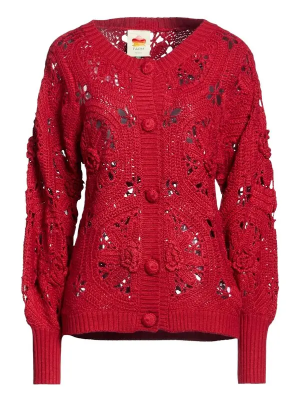 Farm Rio Solid Crochet Button-front Sweater - Red