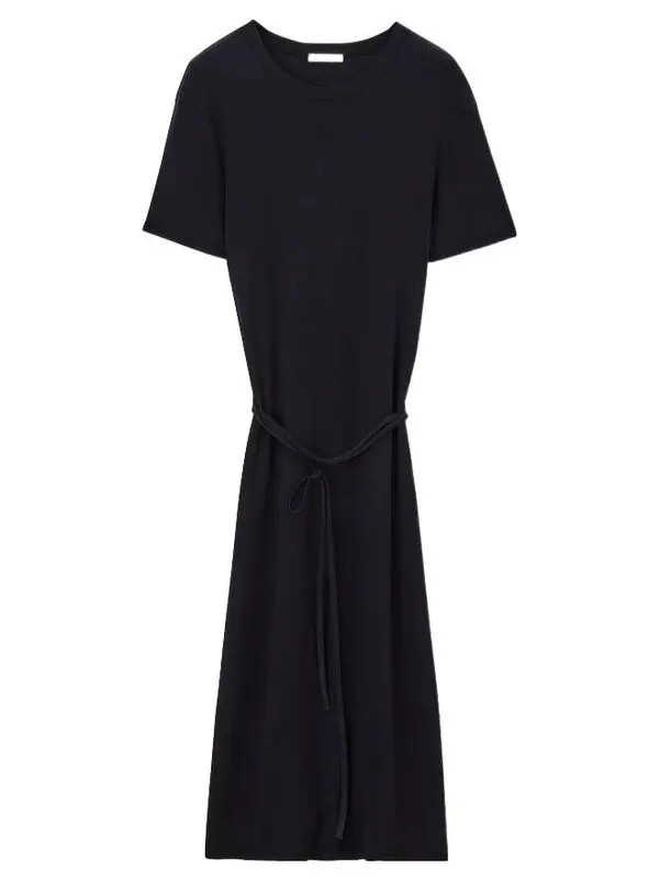 LEMAIRE Short Sleeve Round Neck Midi Dress With Belt - Grey