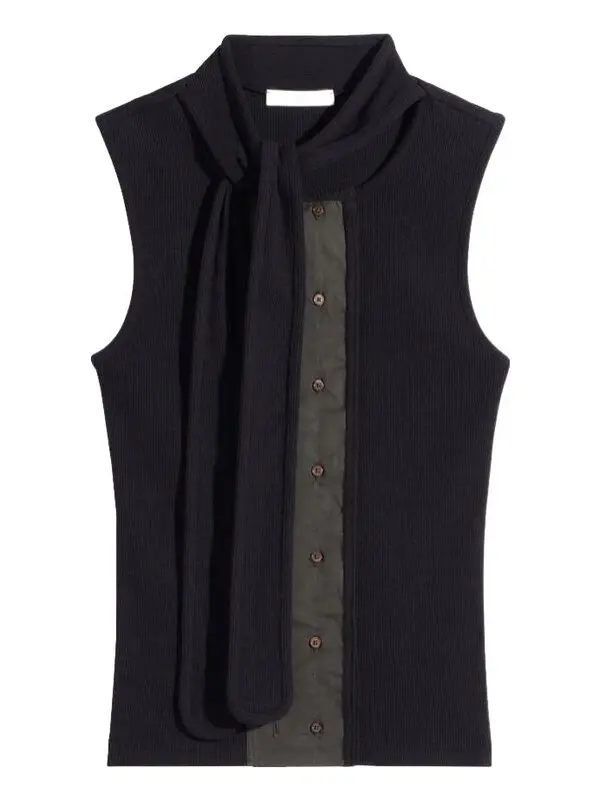 LEMAIRE Fitted Asymmetric Ribbed Top With Scarf Detail - Black