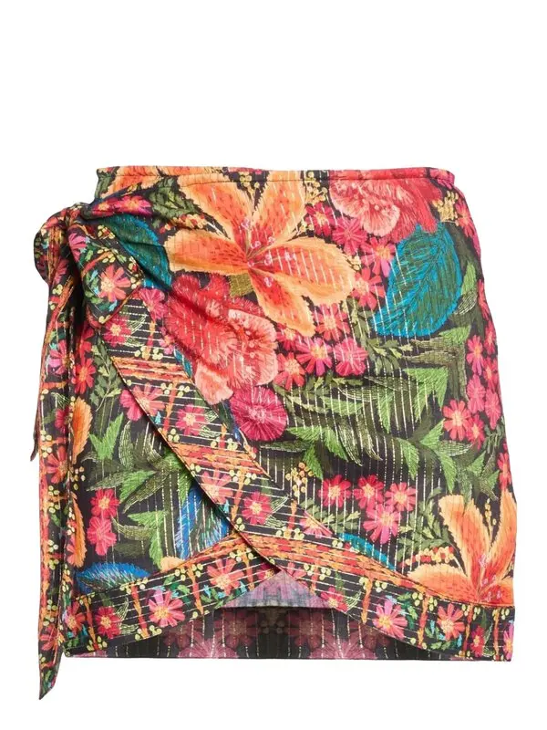 Farm Rio Floral Print Metallic Wrap Mini Skirt - Red