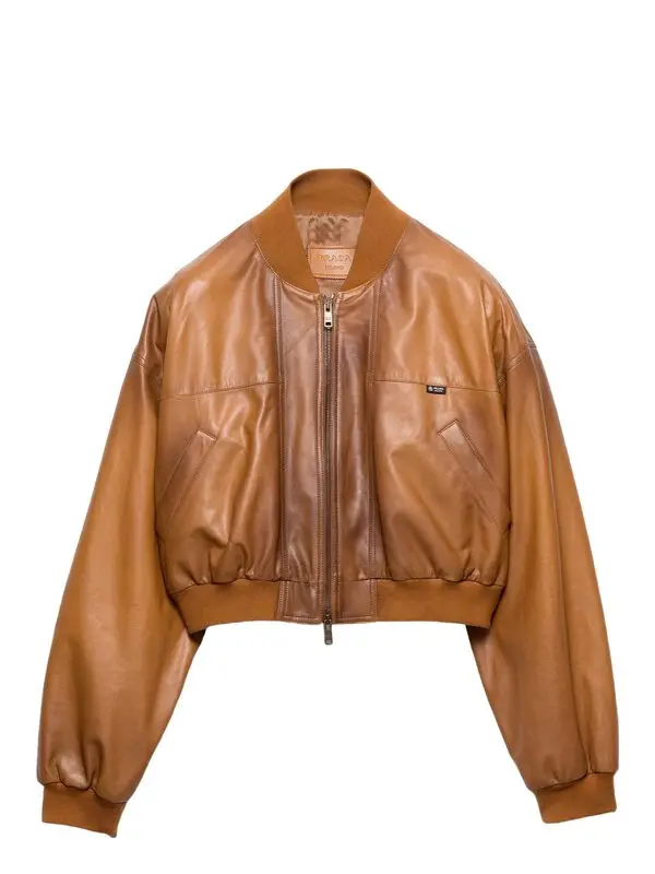 Prada Cropped Nappa Leather Bomber Jacket - Camel