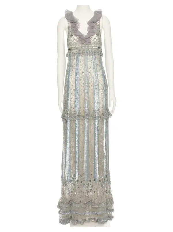 Valentino Garavani Sleeveless Embellished Ruffled Dress - Gray