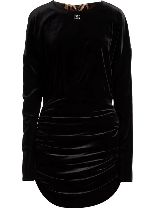 Dolce & Gabbana Velvet Long Sleeve Crewneck Dress - Black