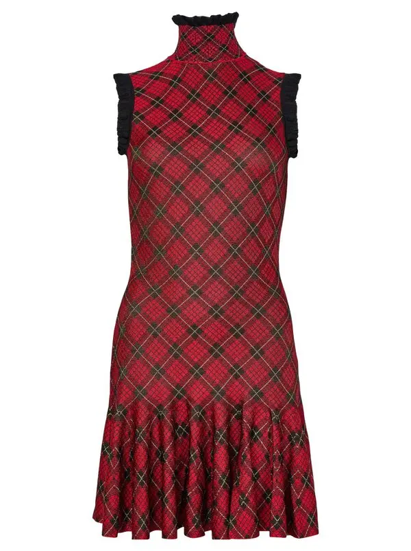 Alexander McQueen Tartan Plaid High Neck Ruffled Mini Dress - Red