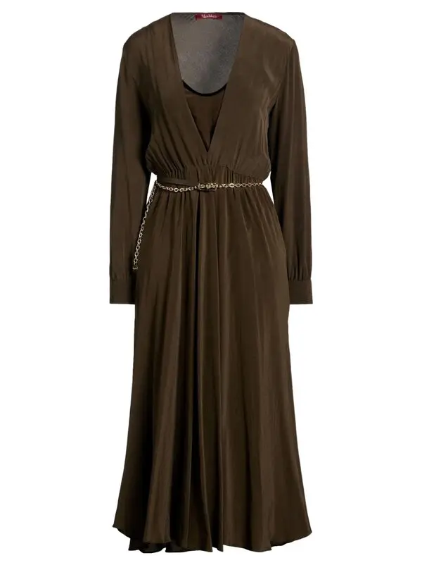 Max Mara Long Sleeve V-neck Georgette Dress With Chain Belt - Green