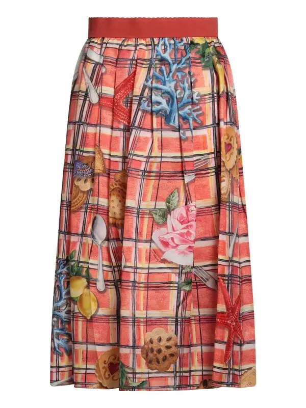 Dolce & Gabbana Midi Skirt With Tartan Print And Culinary Motifs - Brown